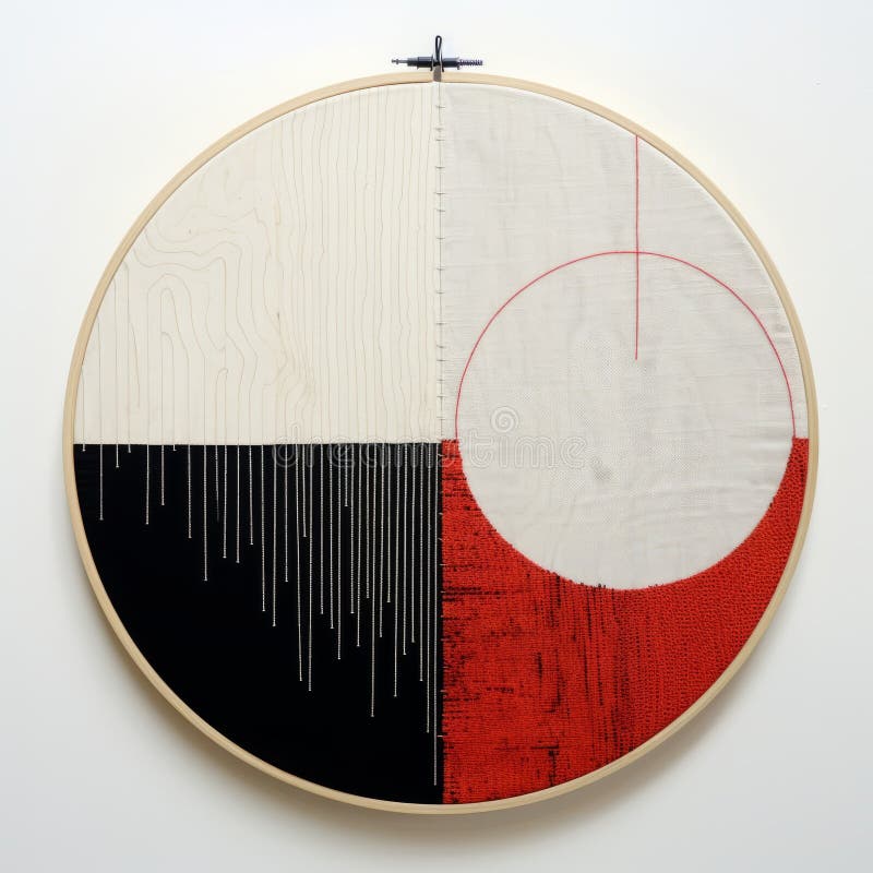 Minimal Textile Art with Embroidered Circles in Black, Red, and White ...