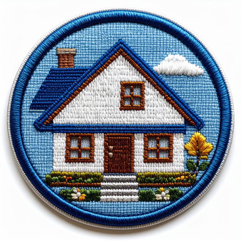 Embroidered House Patch: Blue White Cottage Design Stock Illustration ...