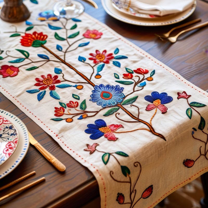 Embroidered Islamic Table Runners Embellished with Floral Motifs Stock ...