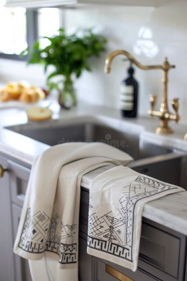 Embroidered Islamic Tea Towels Featuring Geometric Borders Stock ...