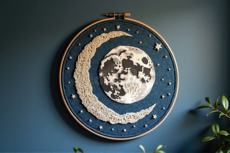 Embroidered Moon and Stars Art on Blue Fabric in Wooden Hoop Frame ...