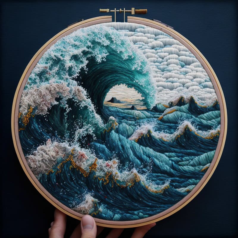 Embroidered Ocean (generative AI) Stock Illustration - Illustration of ...