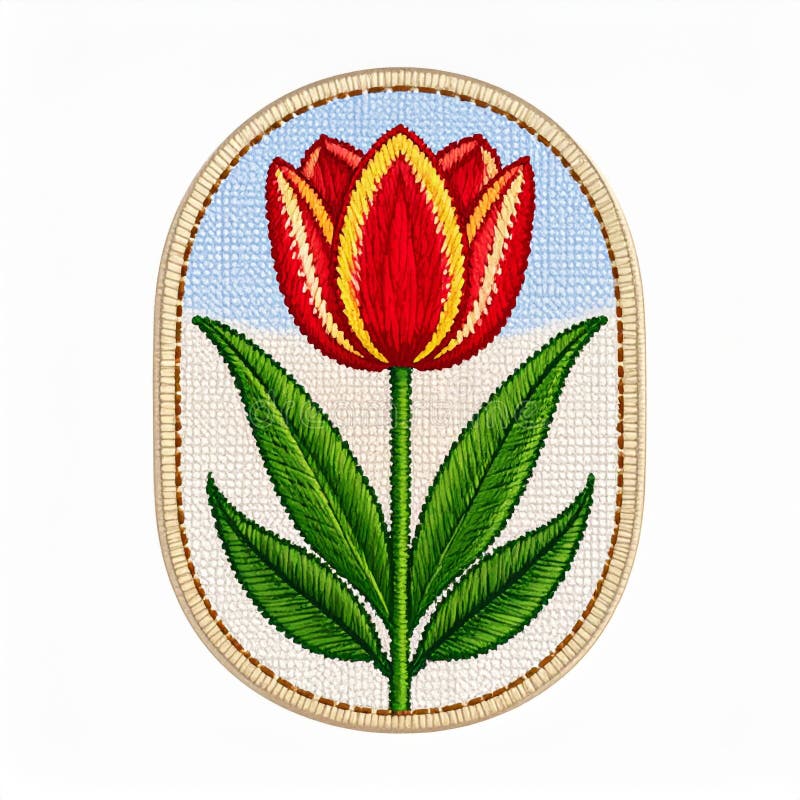 Embroidered Oval Patch Featuring a Red and Yellow Tulip with Green ...