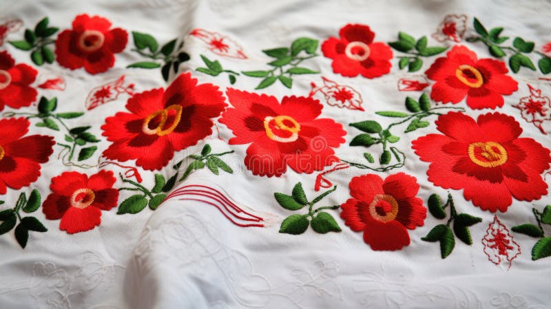 Embroidered Red Flowers on White Fabric. the Concept is Traditional ...