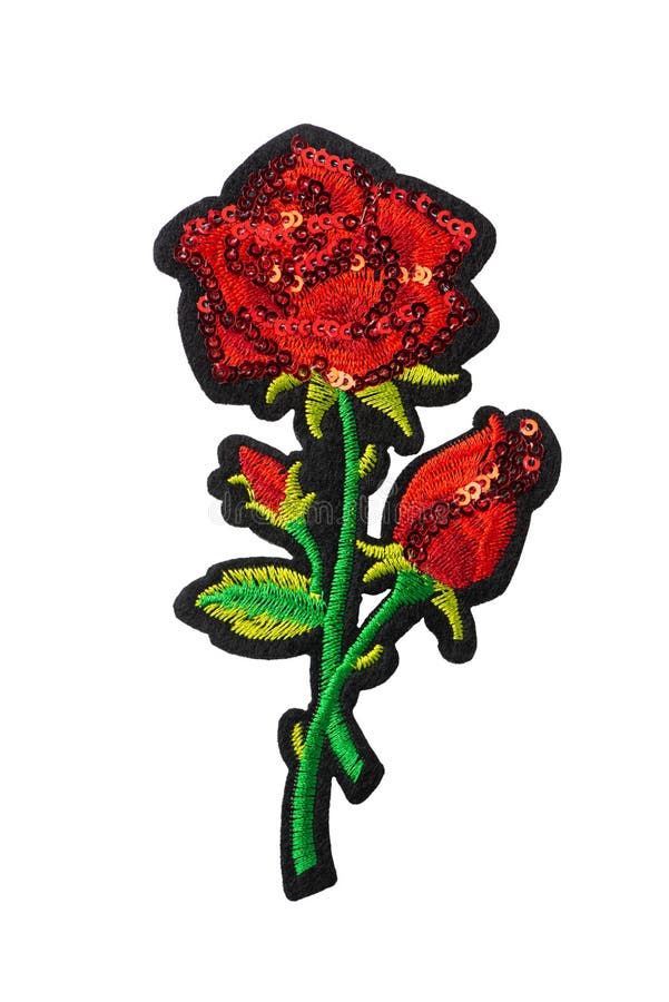 Embroidered Red Rose Patch with Sequins, Isolated on White Background ...