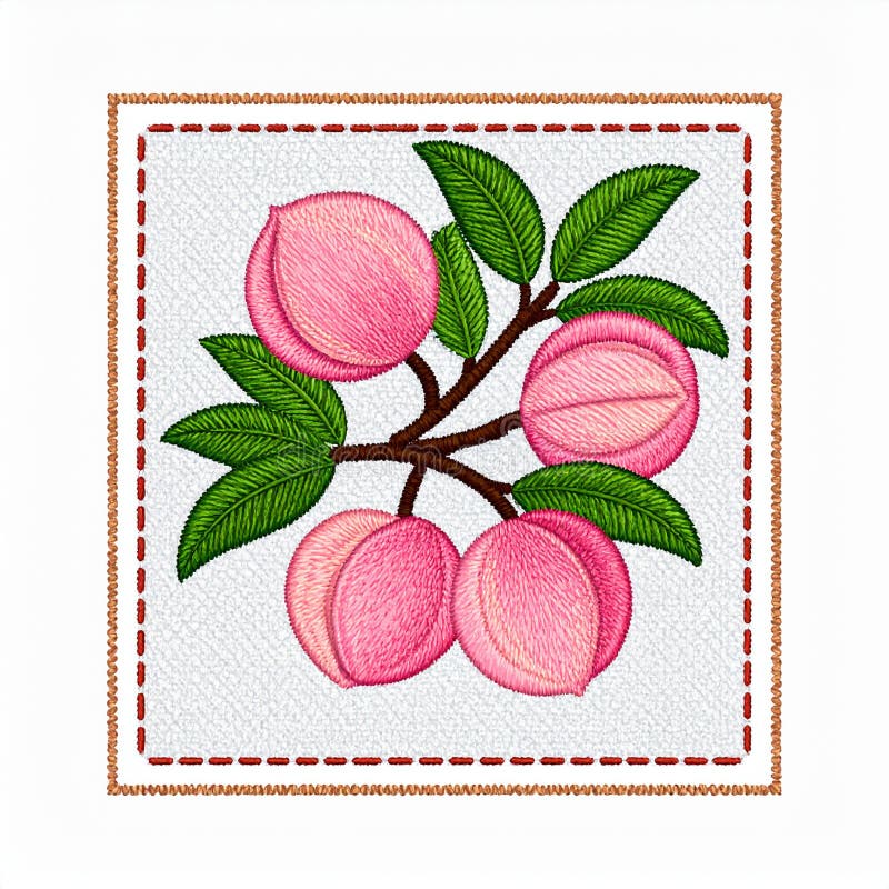 Embroidered Square Design with Pink Peaches and Green Leaves on White ...