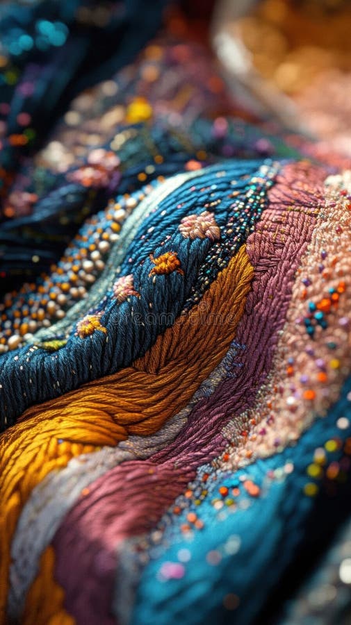 Embroidered Textile Art, a Symphony of Colors and Textures, Skillfully ...