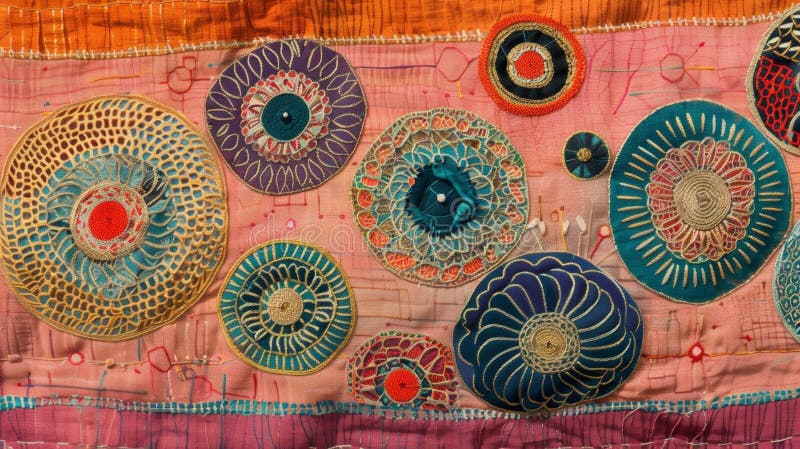 An Embroidered Textile Piece Depicting Eight Stylized Particles with ...