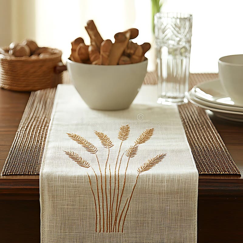 Embroidered Wheat Table Runner on Wooden Table Setting Stock ...