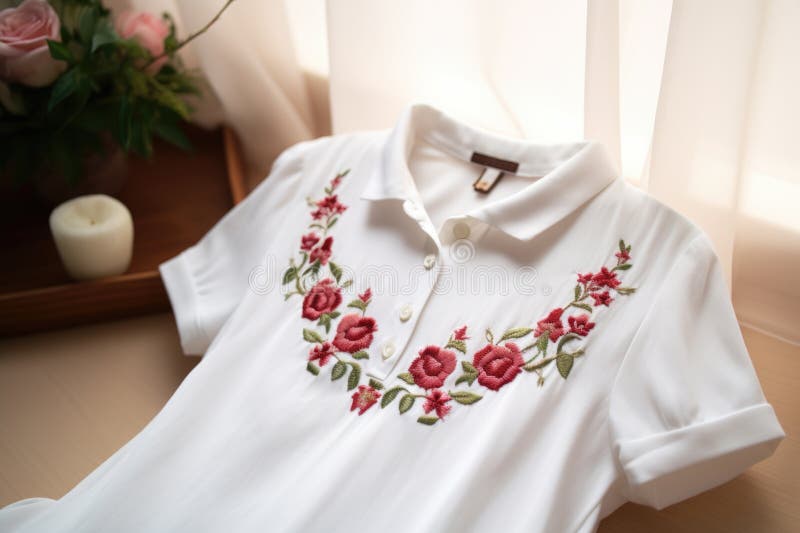 Embroidered White Polo Shirt with Floral Design Stock Image - Image of ...