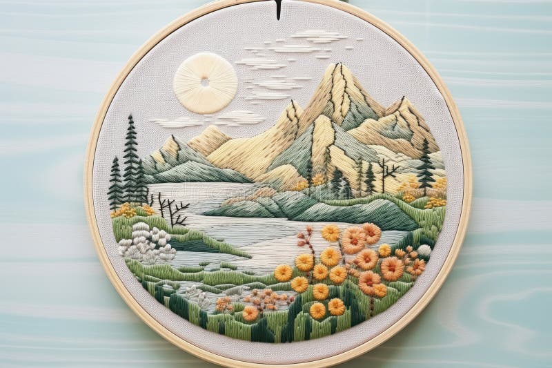 Embroidery of Abstract Landscape of Lake in Rocks in Round Frame Stock ...