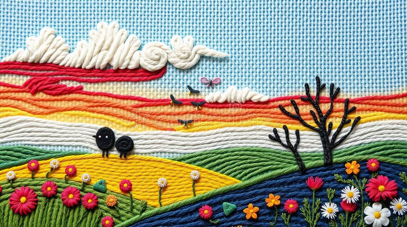 Embroidery Background with a Vibrant Spring Landscape Stock Image ...