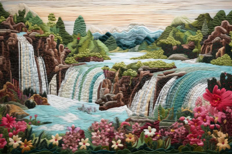Embroidery Colorful Landscape with a Waterfall Stock Illustration ...