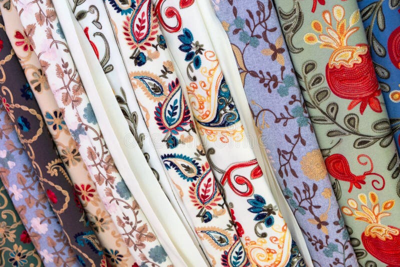 Embroidery Decorated Fabric Assortment for Sale Stock Image - Image of ...