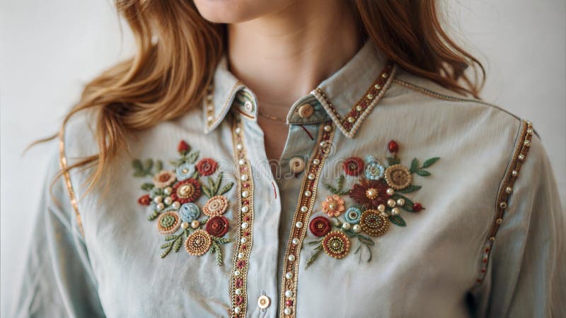 Embroidery on Denim Clothes. Handicrafts with Multi-colored Threads ...