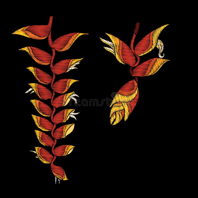 Embroidery. Embroidered Design Elements with Tropical Plant Stock ...