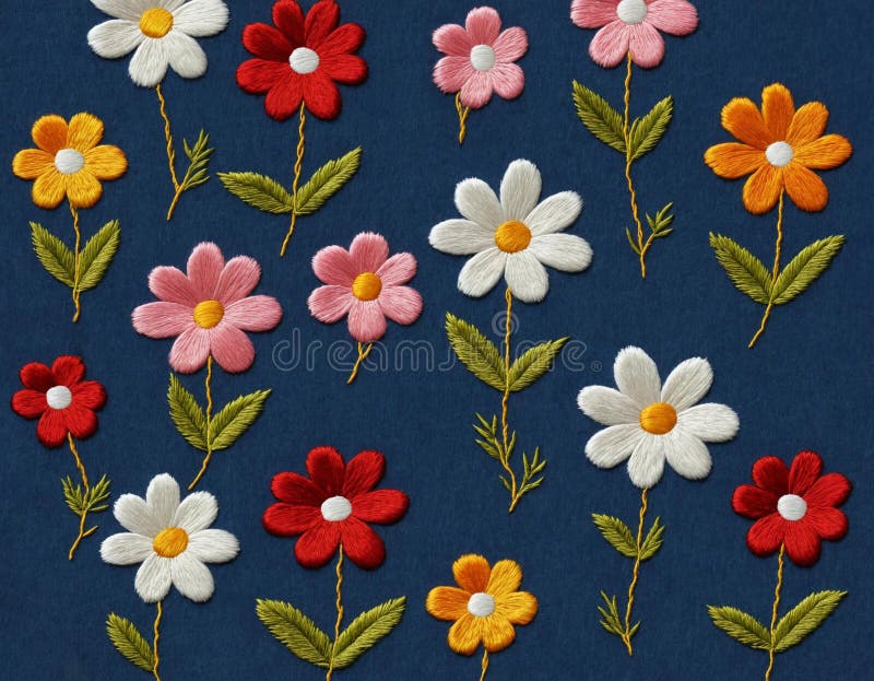 Embroidery Flowers Needlework Stitch Floral Pattern on Blue Denim ...