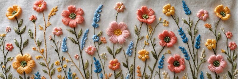 Embroidery of Flowers Over Natural Linen Fabric Stock Image - Image of ...