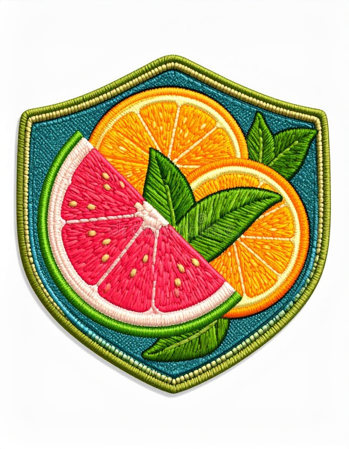 Embroidery Fruit Slice with Watermelon and Orange on Blue Shield Badge ...