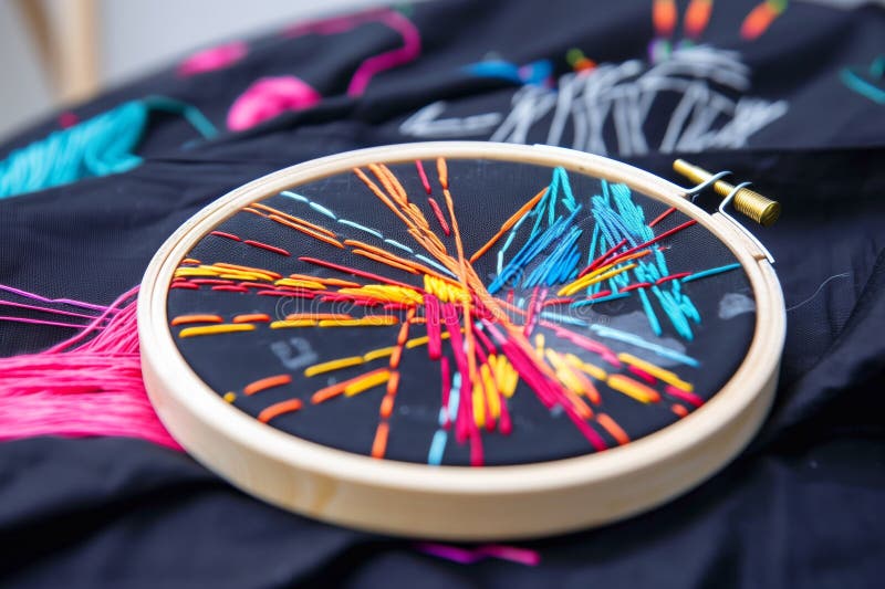 Embroidery Hoop with Bright Abstract Design on Black Cloth Stock Photo ...