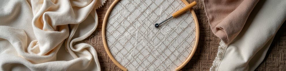 Embroidery Hoop with Geometric Pattern on Textured Fabric and Draped ...