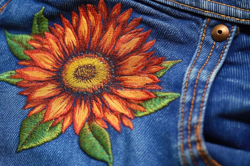 Embroidery on Jeans. Close-Up. Generative AI Stock Illustration ...