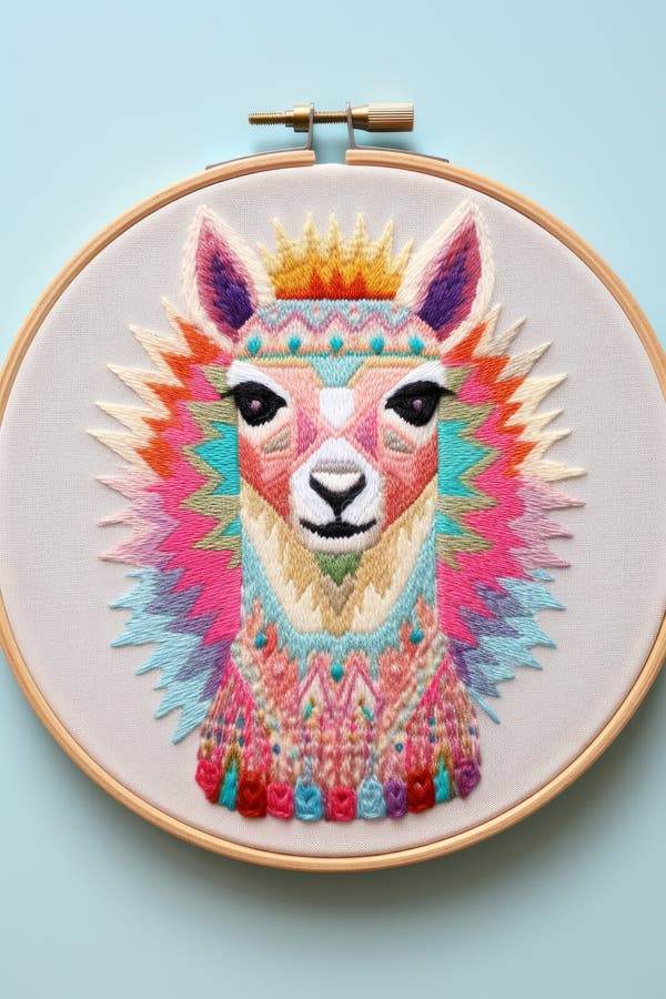 Embroidery of Lama in Round Frame Stock Illustration - Illustration of ...