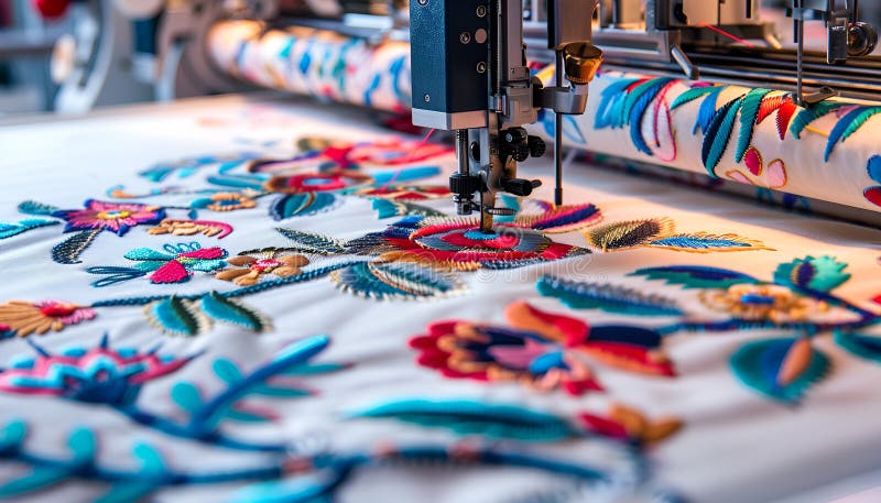 An Embroidery Machine Working on Colorful Floral Fabric, Showcasing ...