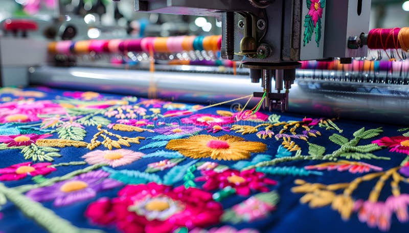 An Embroidery Machine Working on Colorful Floral Fabric, Showcasing ...