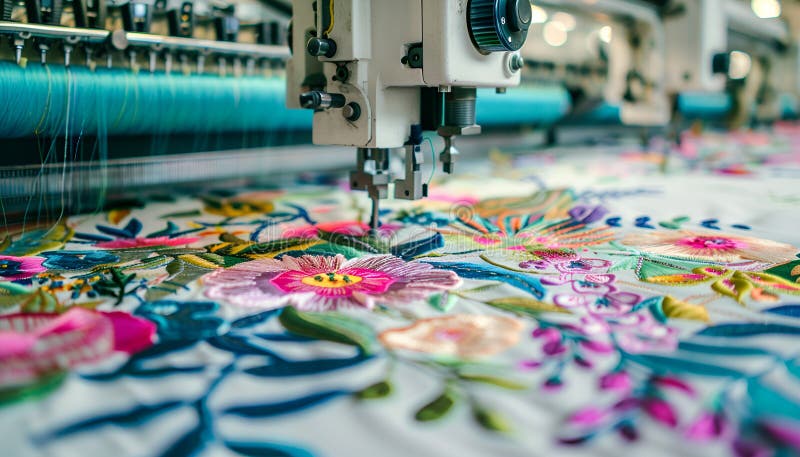 An Embroidery Machine Working on Colorful Floral Fabric, Showcasing ...
