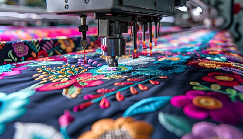 An Embroidery Machine Working on Colorful Floral Fabric, Showcasing ...