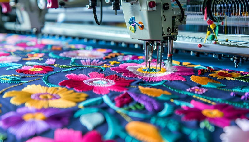 An Embroidery Machine Working on Colorful Floral Fabric, Showcasing ...