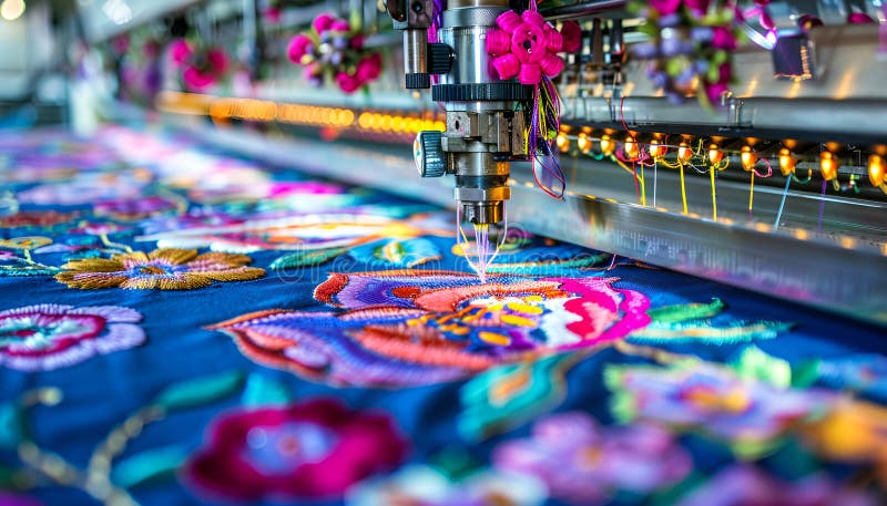 An Embroidery Machine Working on Colorful Floral Fabric, Showcasing ...