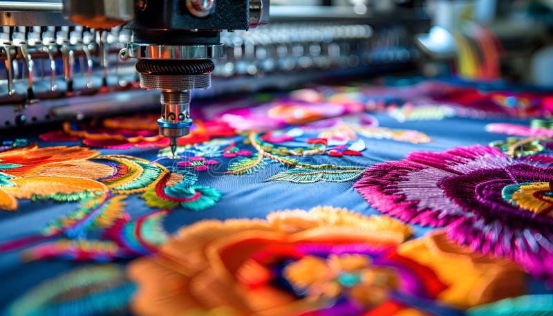 An Embroidery Machine Working on Colorful Floral Fabric, Showcasing ...