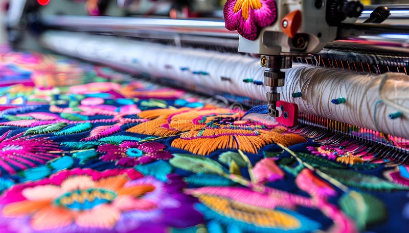 An Embroidery Machine Working on Colorful Floral Fabric, Showcasing ...