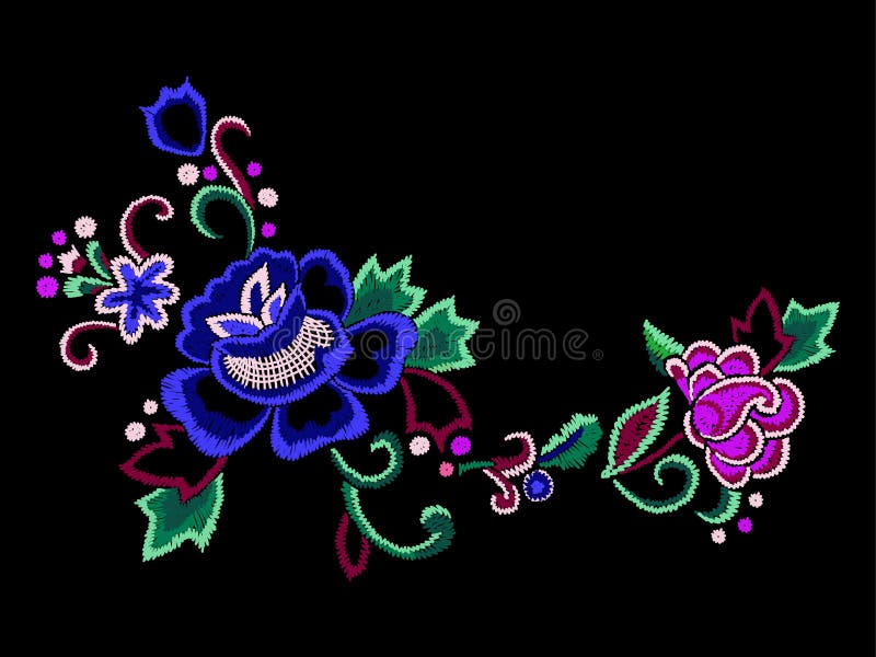 Embroidery Native Neckline Pattern with Roses and Fantasy Flower Stock ...