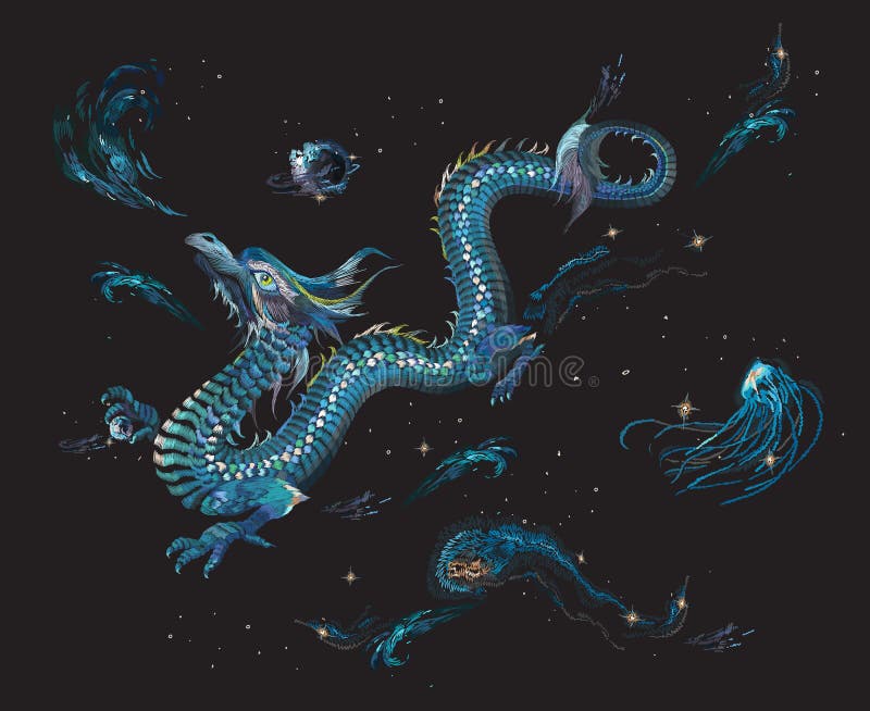 Embroidery Oriental Pattern with Blue Dragon and Starry Sky. Stock ...