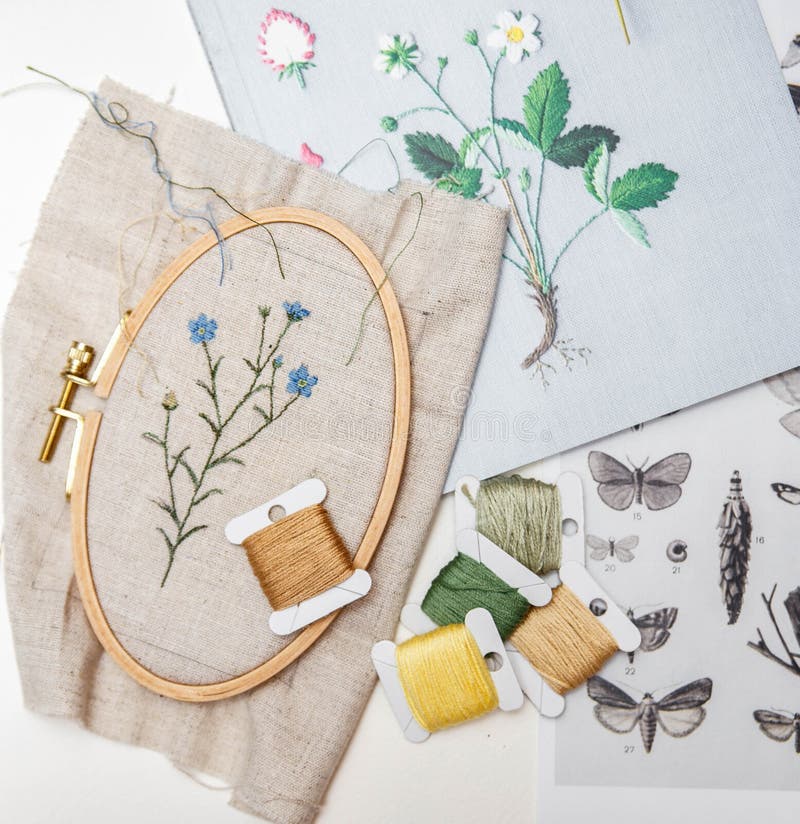 Embroidery in Process with Hoop and Sewing Threads on Table. Stock ...