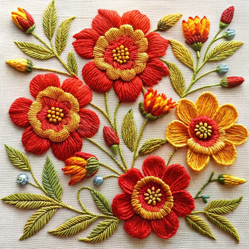 Embroidery with Red and Yellow Flowers Golden Threads. Stock ...