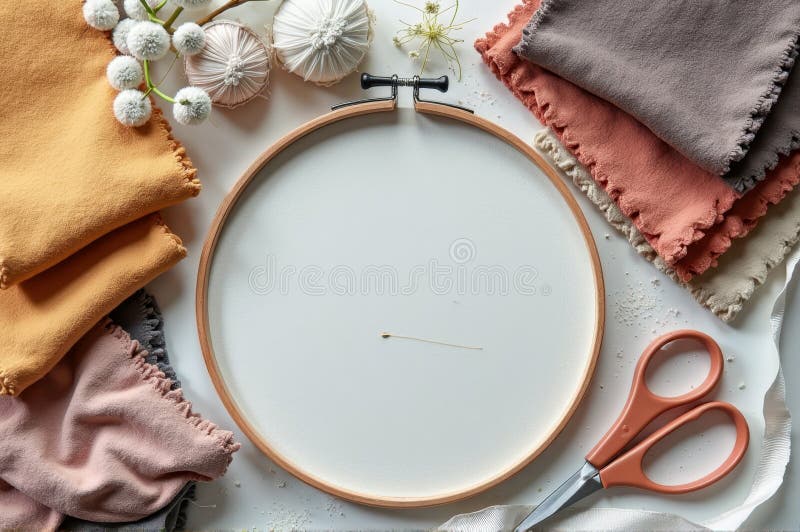 Embroidery Setup with Hoop, Scissors, Fabric Swatches, and Decorative ...