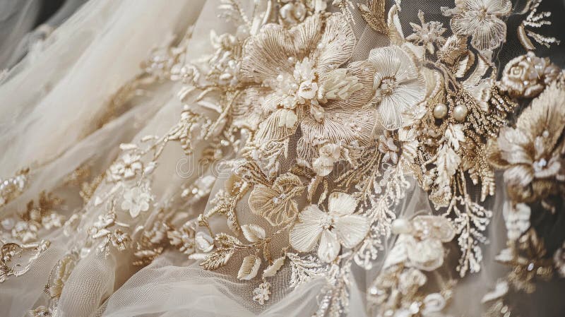 Embroidery on Sheer Fabric with Delicate Floral Details. Stock Photo ...