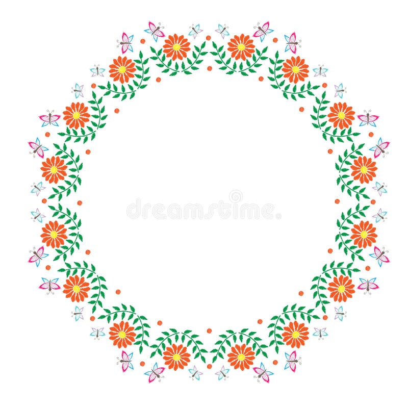 Embroidery Stitches Imitation Round Frame with Orange Flower Stock ...