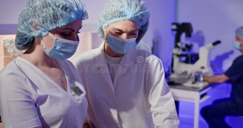 Embryologists Performing Artificial Fertilization in Laboratory Stock ...