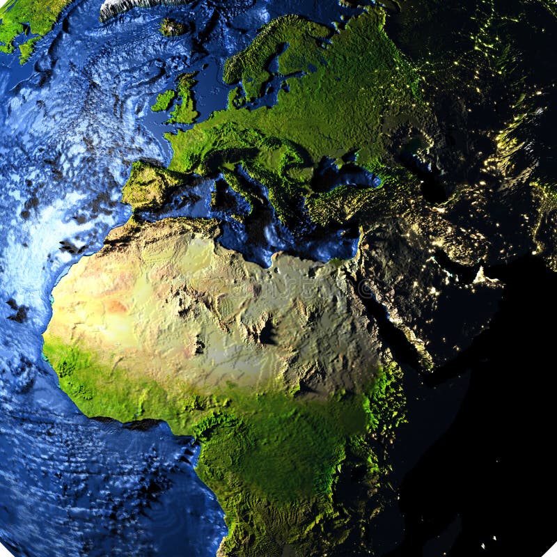 EMEA Region on Earth with Exaggerated Mountains Stock Illustration ...