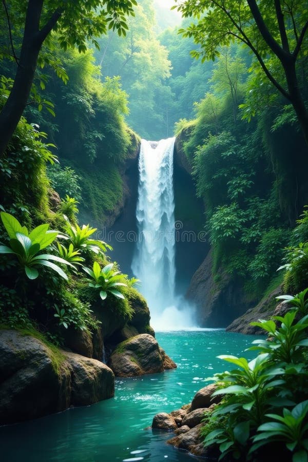 Emerald Cascade Plunges into Lush Jungle Ravine, Nature, Clear, Oxygen ...