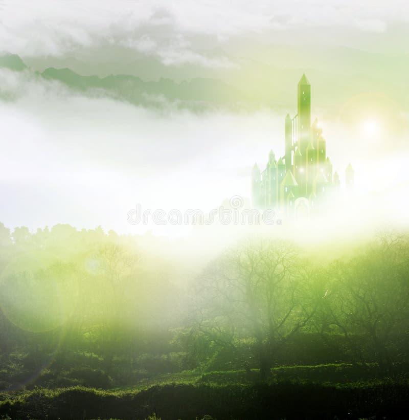 Emerald city in mist stock image. Image of tower, imaginary - 53844893