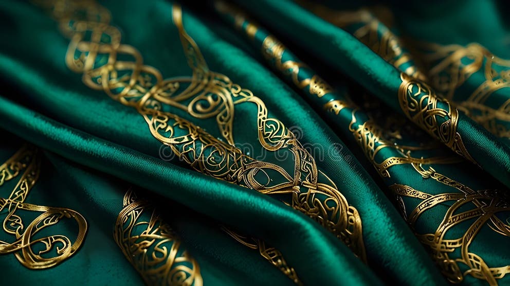 Emerald-colored Silk Fabric with Celtic-inspired Patterns Stock ...