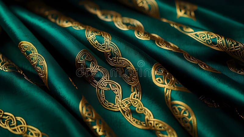 Emerald-colored Silk Fabric with Celtic-inspired Patterns Stock ...