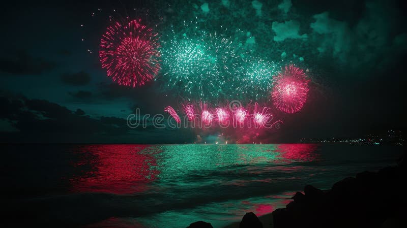 Emerald Crimson Fireworks Nighttime Spectacle Over Ocean Reflections ...