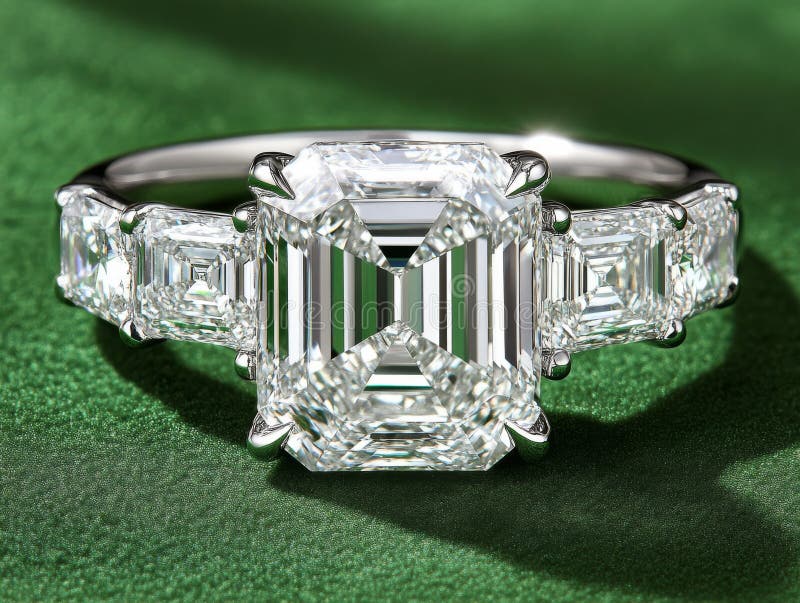 An Emerald-cut Diamond Ring for Engagement, Resting on a Green Velvet ...